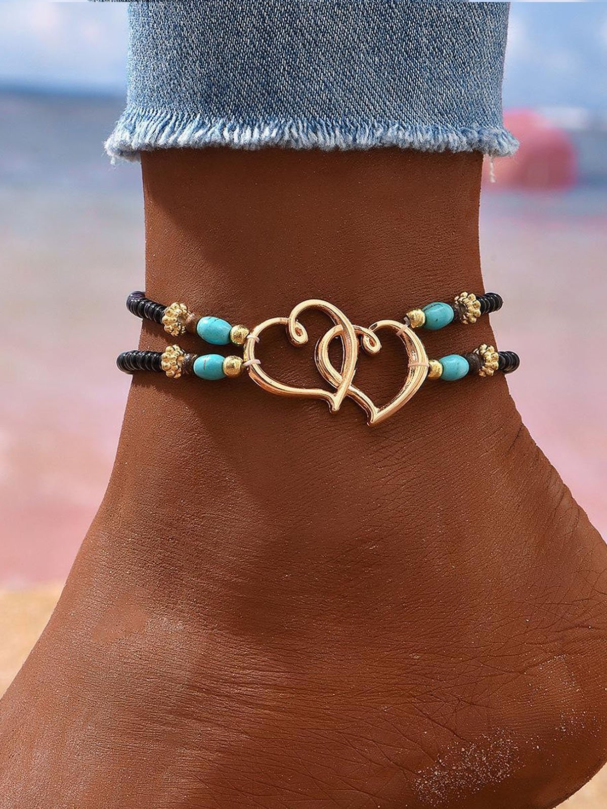 Heart to Heart Turquoise Double Layer Feet Chain | roselinlin
