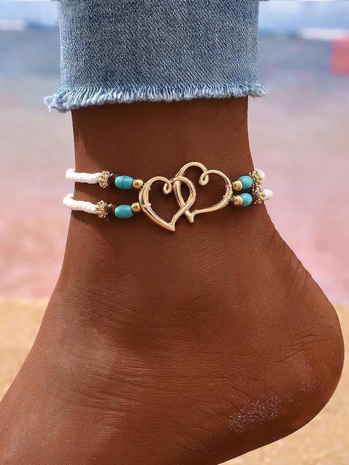 Heart to Heart Turquoise Double Layer Feet Chain | roselinlin