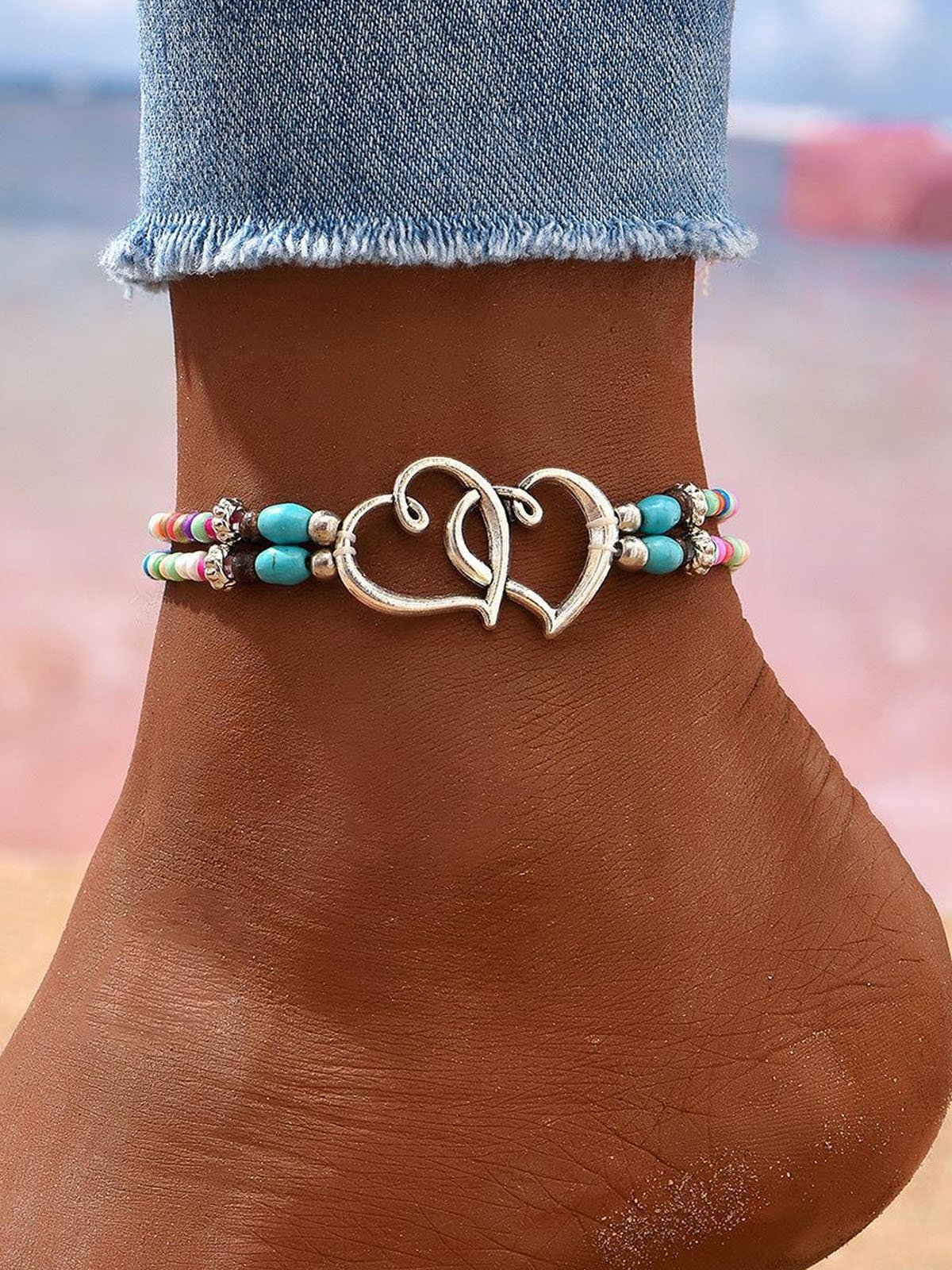Heart to Heart Turquoise Double Layer Feet Chain | roselinlin