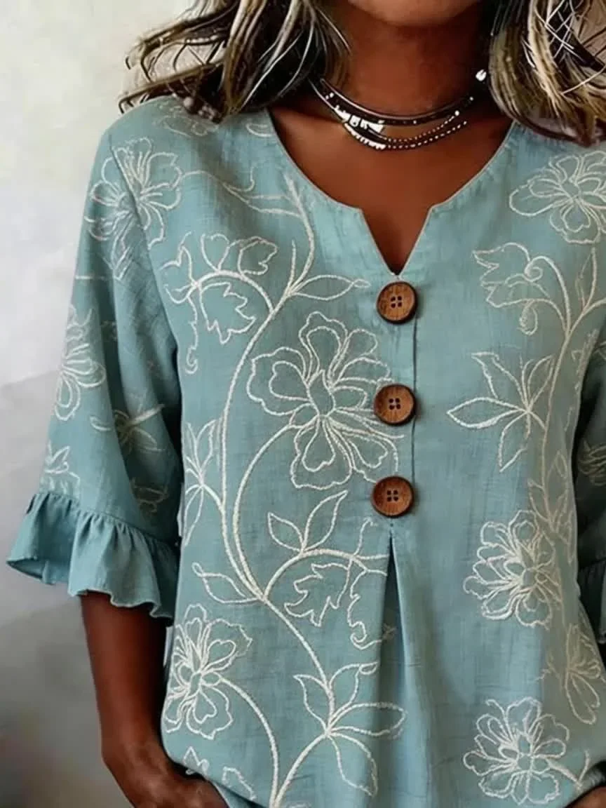 Women's Half Sleeve Blouse Summer Blue Floral Printing V Neck Daily ...