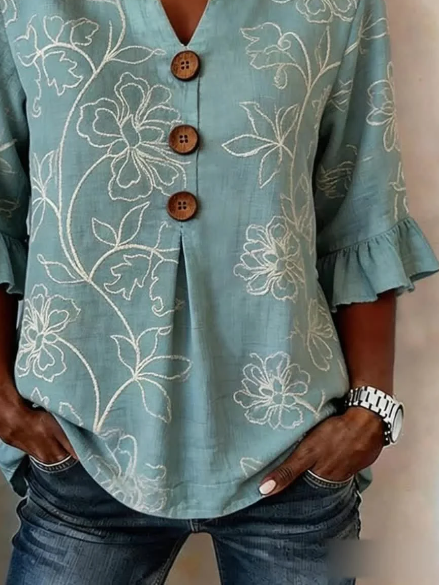Women's Half Sleeve Blouse Summer Blue Floral Printing V Neck Daily ...