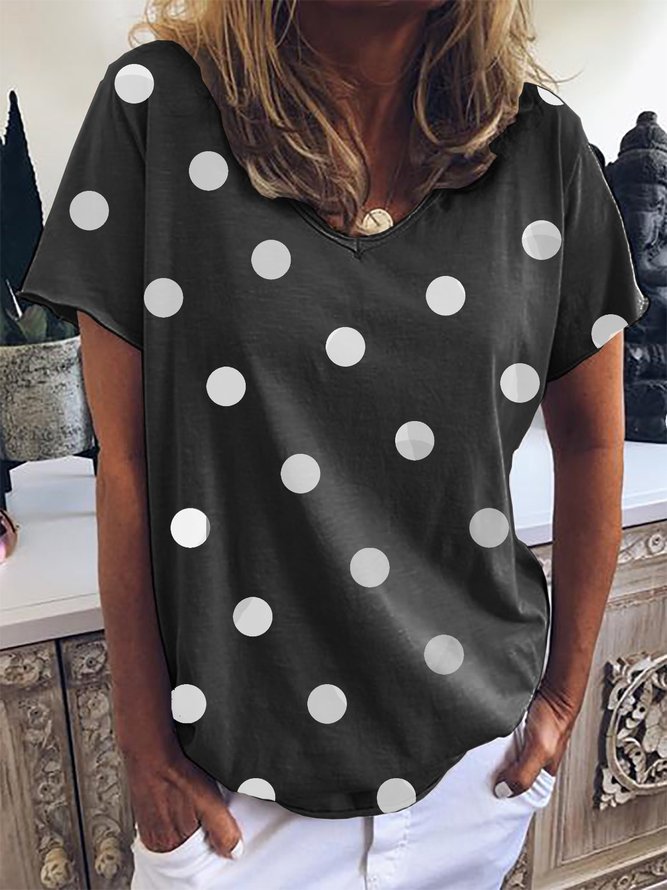 Short Sleeve Polka Dot V Neck Summer Tee Shirt Clothing Cotton V